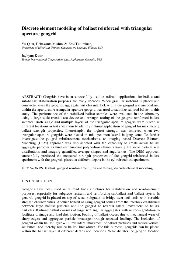 (PDF) Discrete element modeling of ballast reinforced with triangular ...