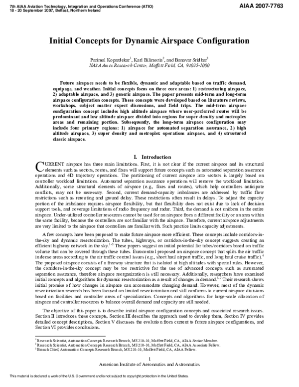 Pdf Initial Concepts For Dynamic Airspace Configuration