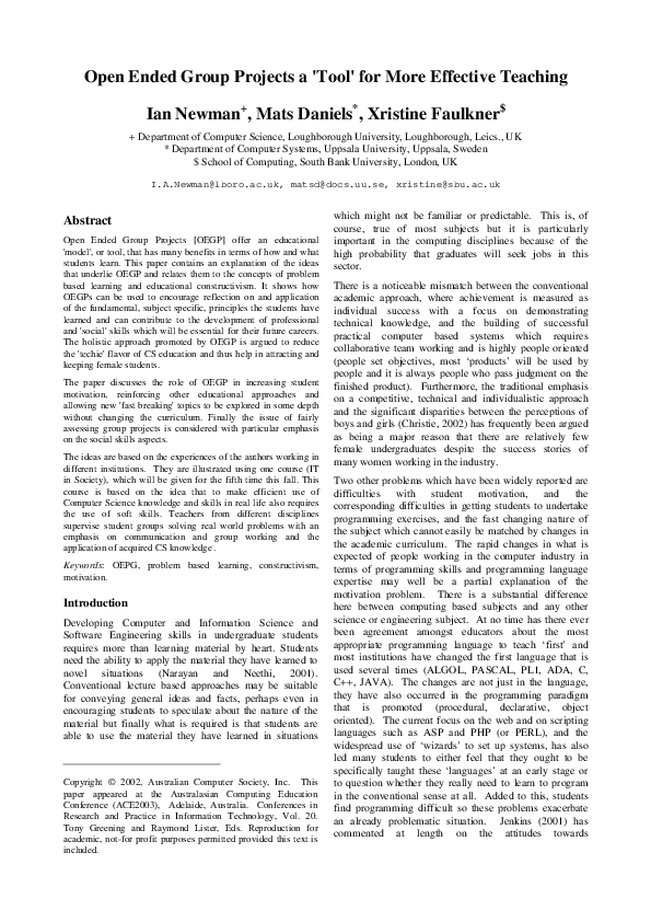 (PDF) Open Ended Group Projects a 'Tool' for More Effective Teaching