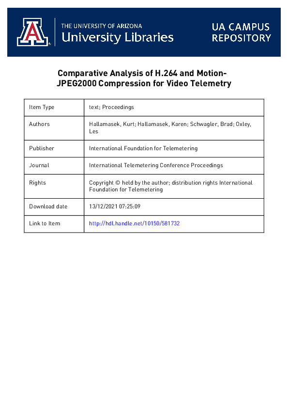 (PDF) Comparative Analysis of H.264 and Motion-JPEG2000 Compression for Video Telemetry