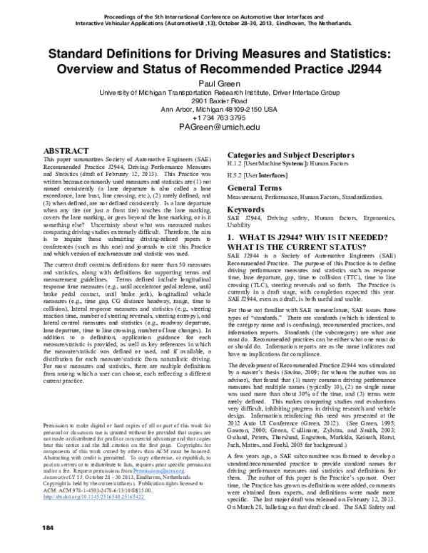 (PDF) Standard definitions for driving measures and statistics: overview and status of ...