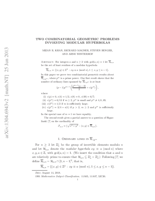 (PDF) Two Combinatorial Geometric Problems involving Modular Hyperbolas