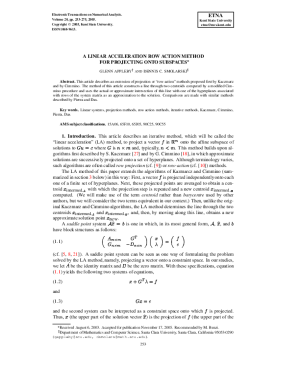 Pdf A Linear Acceleration Row Action Method For Projecting Onto Subspaces