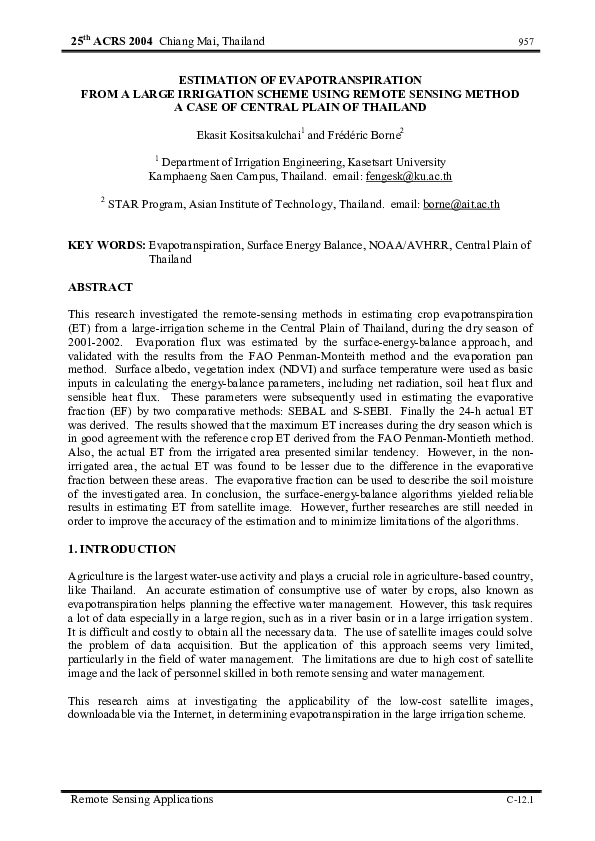 (PDF) Estimation of Evapotranspiration from a Large Irrigation Scheme using Remote Sensing ...