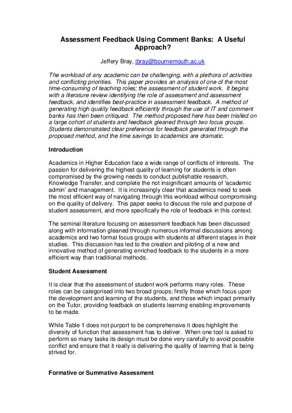 (PDF) Assessment Feedback Using Comment Banks: A Useful Approach?