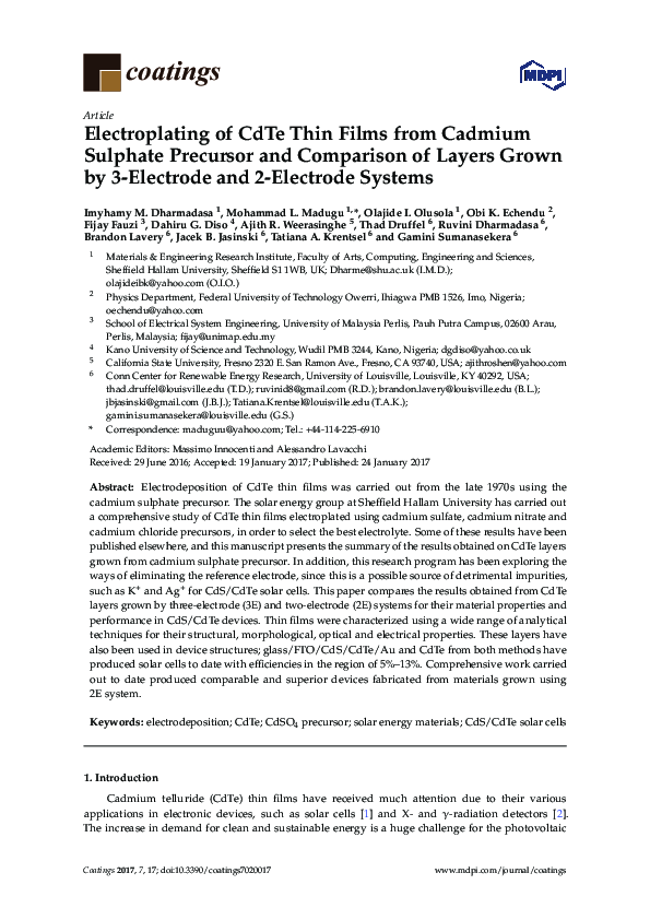 Pdf Electroplating Of Cdte Thin Films From Cadmium Sulphate Precursor And Comparison Of Layers