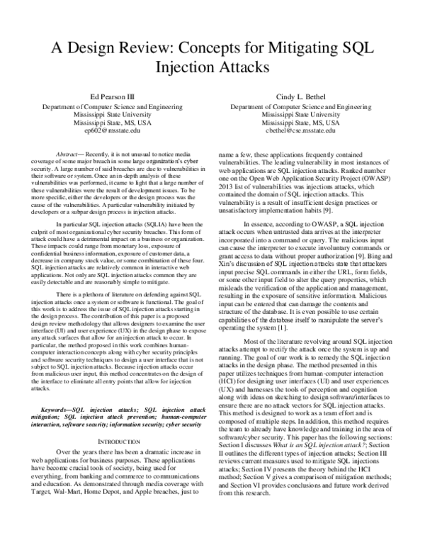 Pdf A Design Review Concepts For Mitigating Sql Injection Attacks