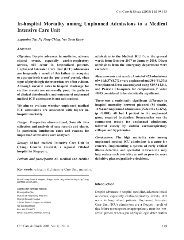 (PDF) In-hospital Mortality among Unplanned Admissions to a Medical ...