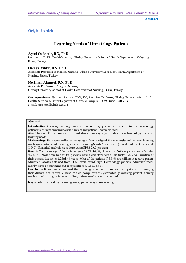 (PDF) Learning Needs of Hematology Patients
