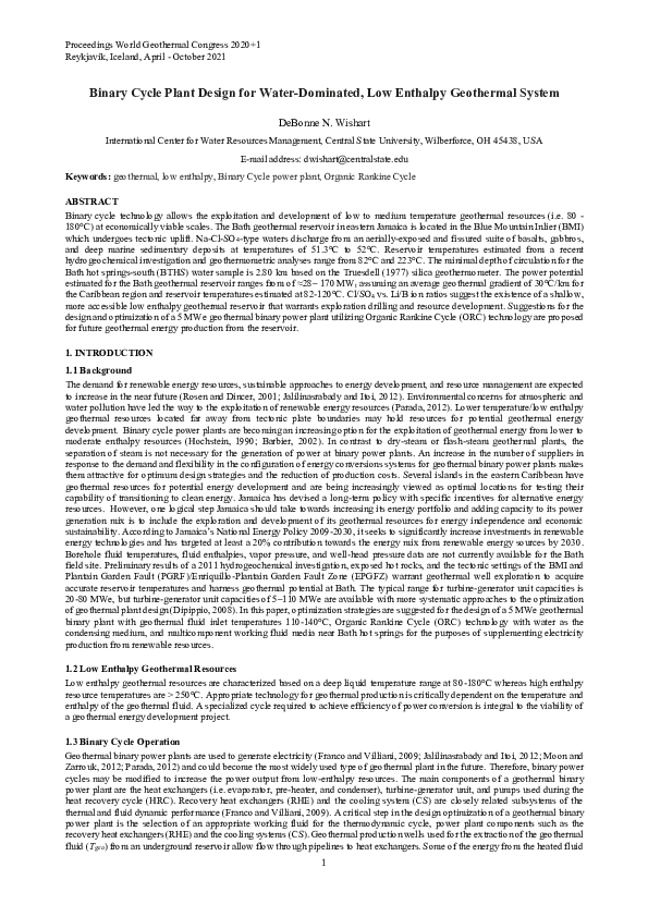 (PDF) Binary Cycle Plant Design for Water-Dominated, Low Enthalpy ...