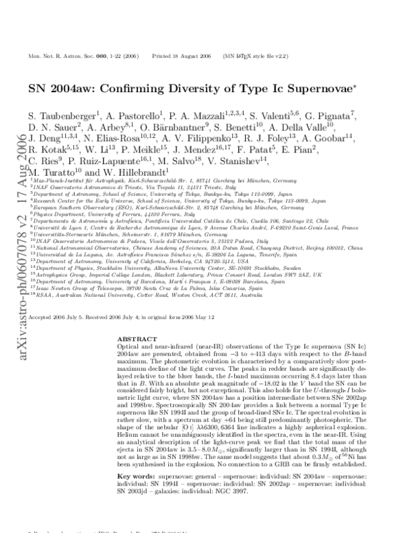 (PDF) SN 2004aw: confirming diversity of Type Ic supernovae