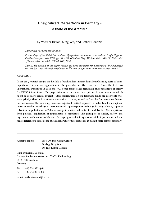 (PDF) Unsignalized Intersections in Germany - a State of the Art 1997