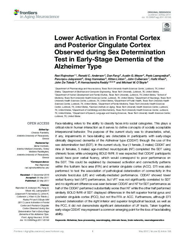 Pdf Lower Activation In Frontal Cortex And Posterior Cingulate Cortex