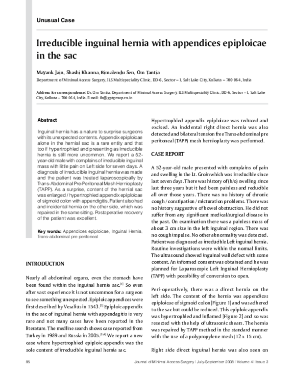 (PDF) Irreducible inguinal hernia with appendices epiploicae in the sac