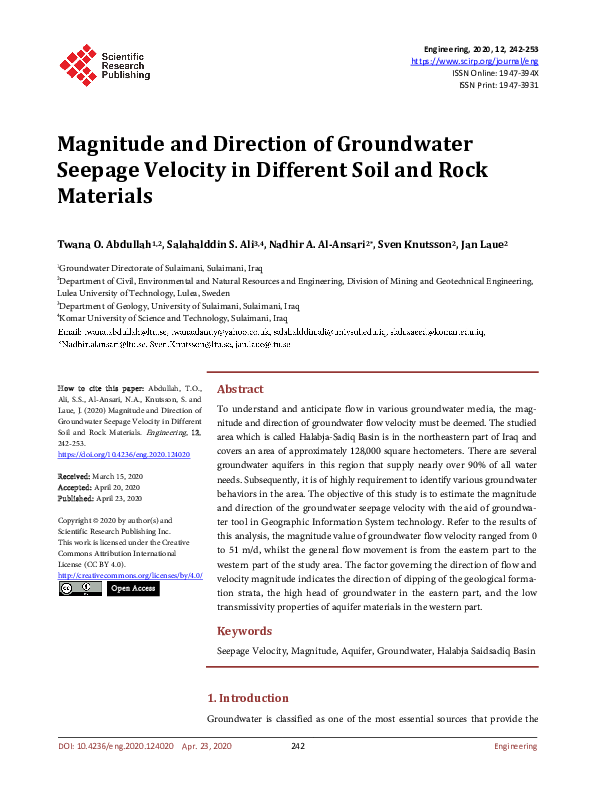 Magnitude and Direction of Groundwater Seepage Velocity in Different ...