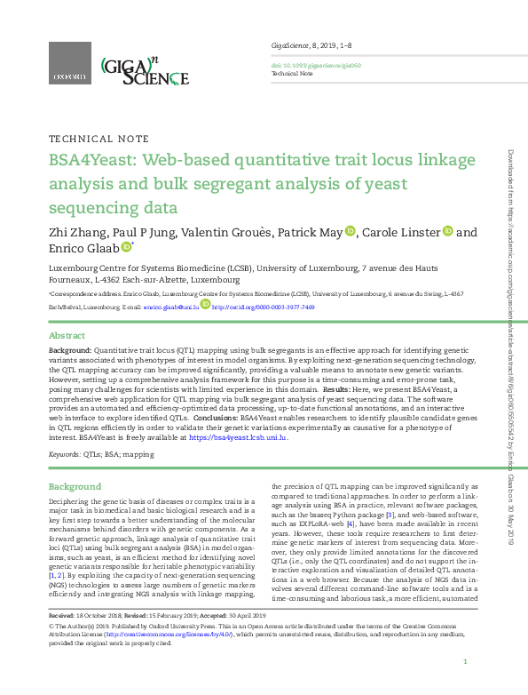 (PDF) BSA4Yeast: Web-based quantitative trait locus linkage analysis and bulk segregant analysis ...