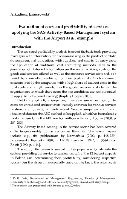 (PDF) Evaluation of costs and profitability of services applying the ...