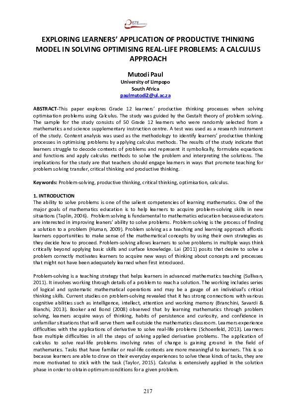 (PDF) Exploring Learners’ Application of Productive Thinking Model in ...