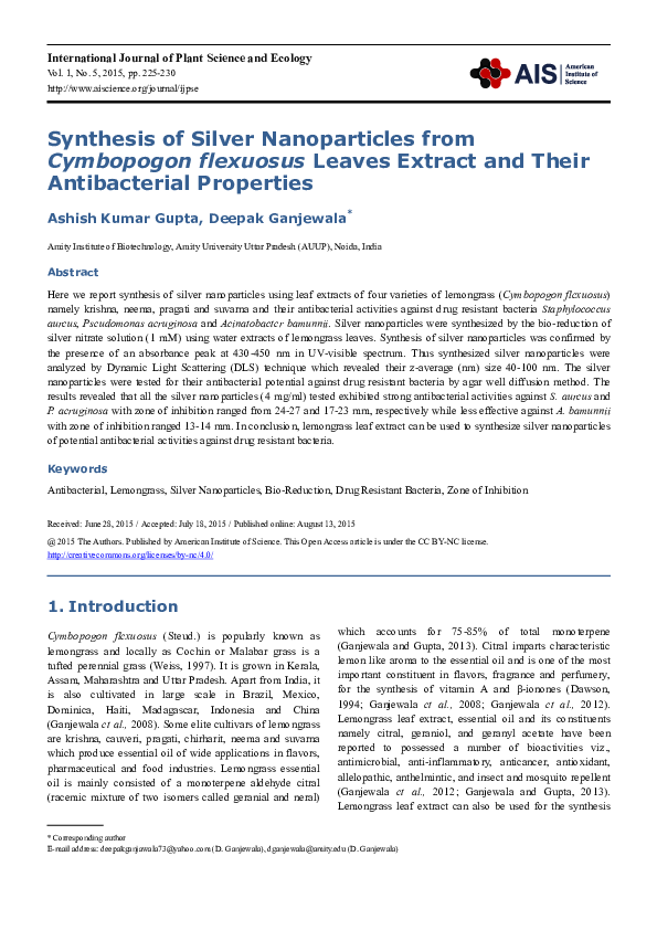 (PDF) Synthesis of Silver Nanoparticles from Cymbopogon flexuosus Leaves Extract and Their ...
