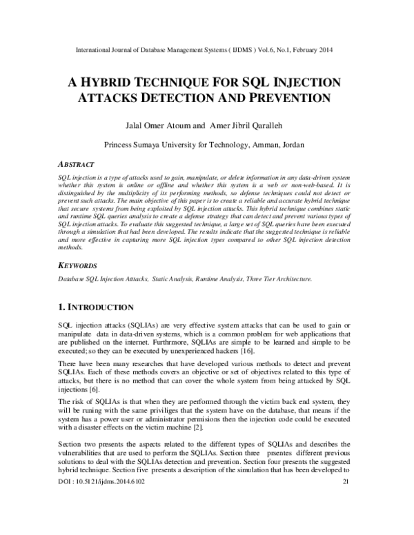 (PDF) A Hybrid Technique for SQL Injection Attacks Detection and ... (PDF) A Hybrid Technique for SQL Injection Attacks Detection and ...