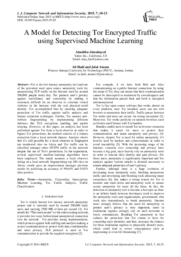 (PDF) A Model for Detecting Tor Encrypted Traffic using Supervised Machine Learning