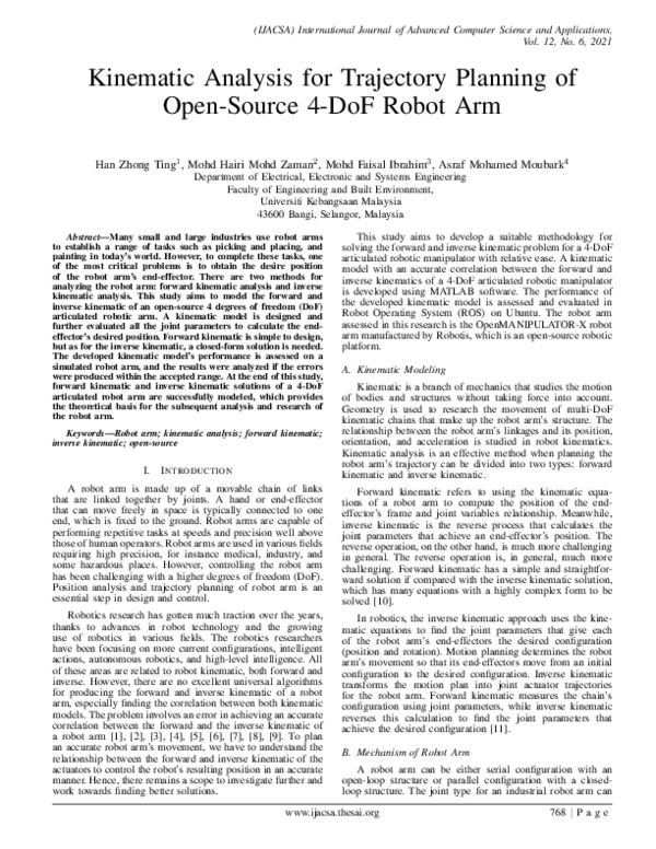 (PDF) Kinematic Analysis for Trajectory Planning of Open-Source 4-DoF Robot Arm