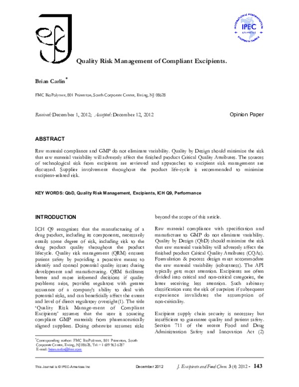 (PDF) Quality Risk Management of Compliant Excipients