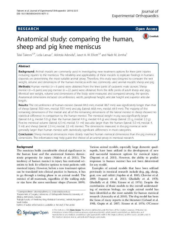 (PDF) Anatomical study: comparing the human, sheep and pig knee meniscus