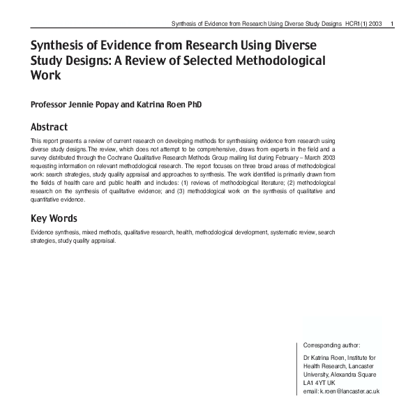 (PDF) Synthesis of evidence from research using diverse study designs ...