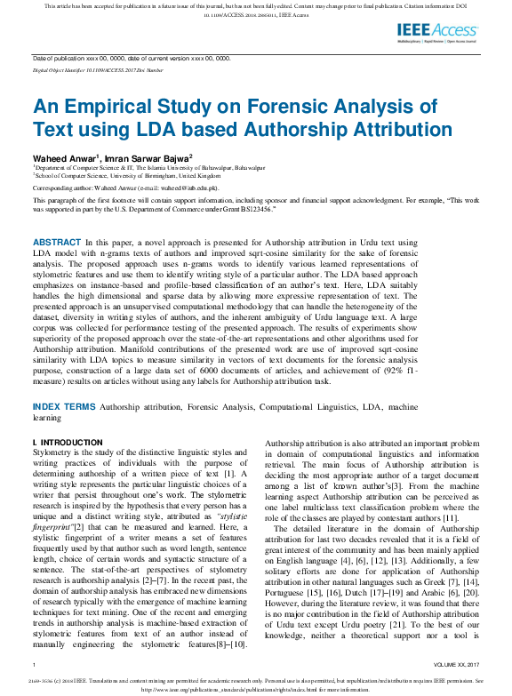 (PDF) An Empirical Study on Forensic Analysis of Text using LDA based Authorship Attribution