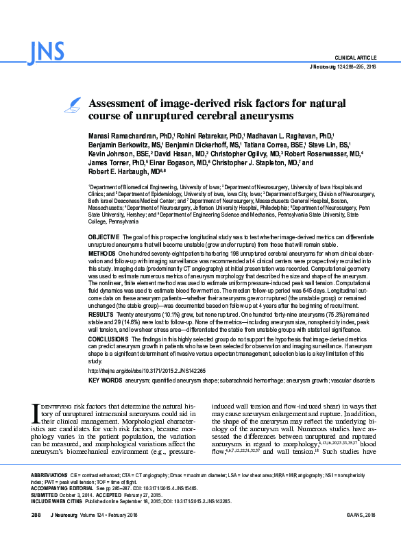 (PDF) Assessment of image-derived risk factors for natural course of unruptured cerebral aneurysms
