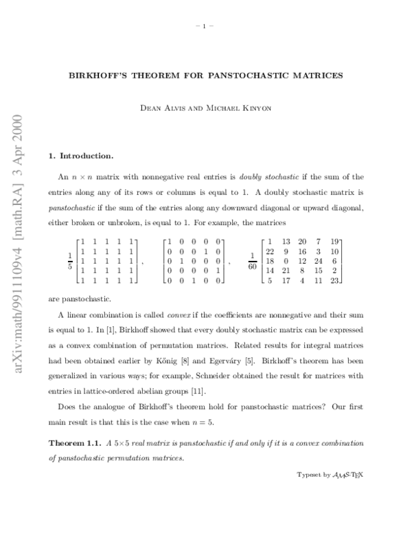 (PDF) Birkhoff’s theorem for Panstochastic matrices