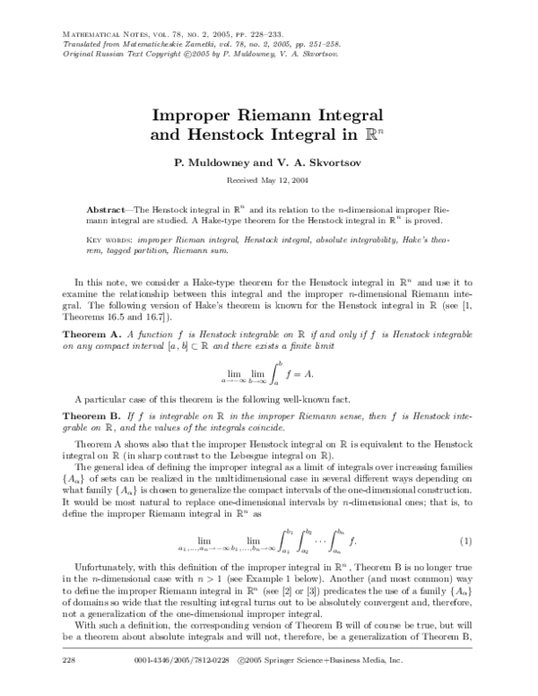 (PDF) Improper Riemann Integral and Henstock Integral in ℝn