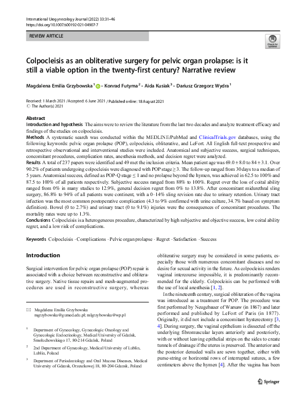 (PDF) Colpocleisis as an obliterative surgery for pelvic organ prolapse ...