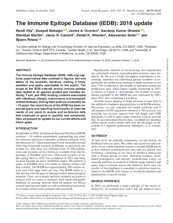 (PDF) The Immune Epitope Database (IEDB): 2018 update