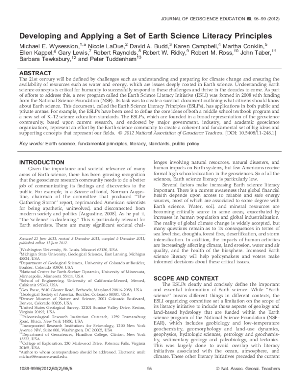 (PDF) Developing and Applying a Set of Earth Science Literacy Principles