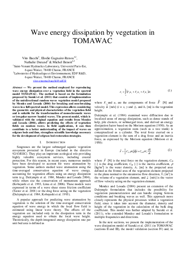 (PDF) Wave energy dissipation by vegetation in TOMAWAC