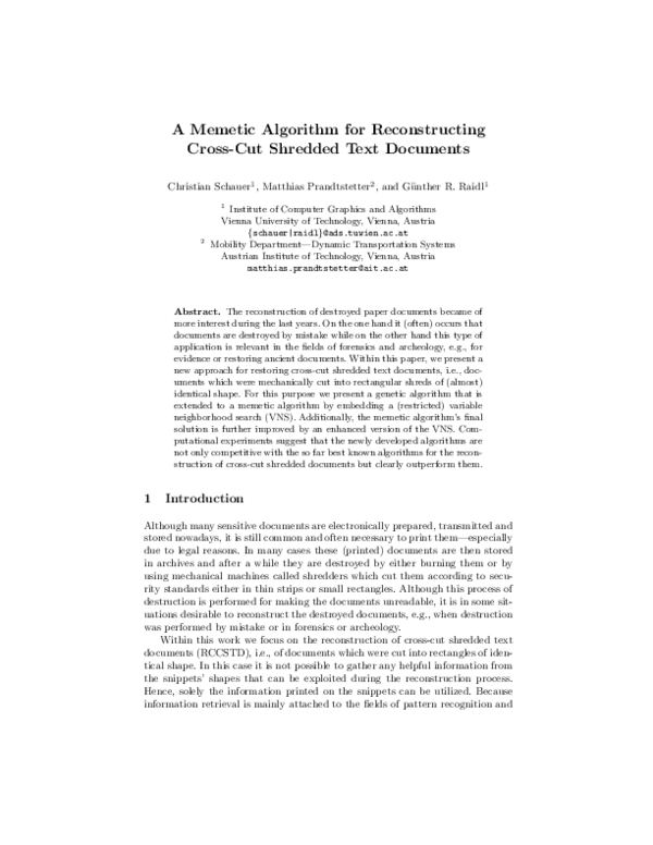 (PDF) A memetic algorithm for reconstructing cross-cut shredded text documents