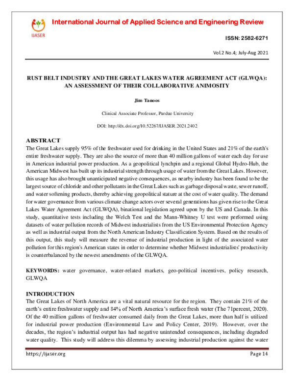(PDF) Rust Belt Industry and the Great Lakes Water Agreement Act (Glwqa ...