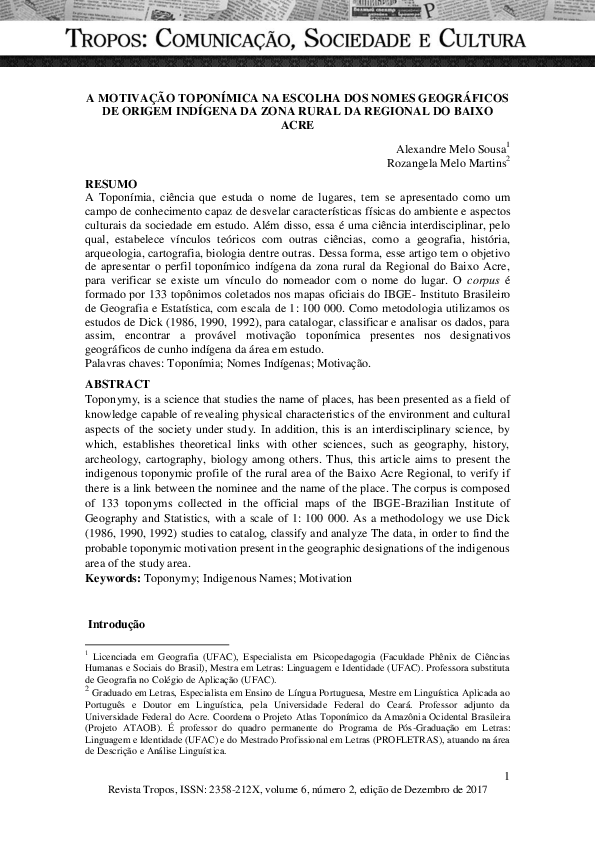 (PDF) A Motivação Toponímica Na Escolha Dos Nomes Geográficos De Origem ...