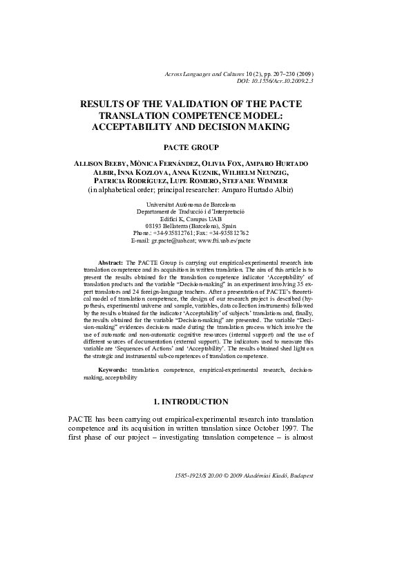 (PDF) Results of the validation of the PACTE translation competence ...
