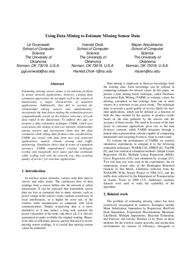 (PDF) Using data mining to estimate missing sensor data | L. Gruenwald - Academia.edu