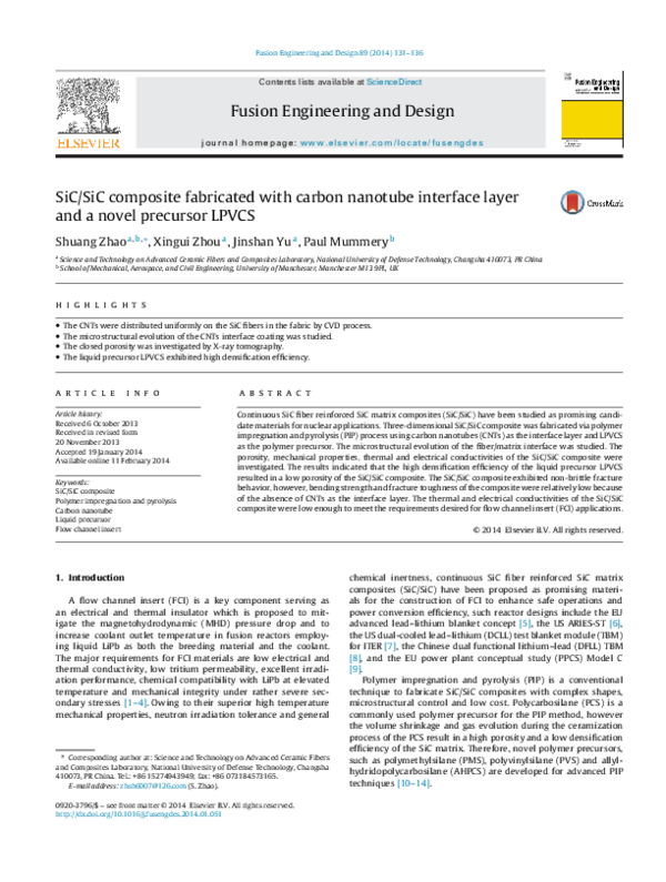 (PDF) SiC/SiC composite fabricated with carbon nanotube interface layer ...