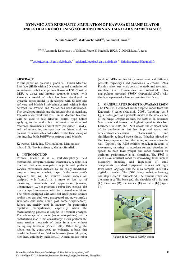(PDF) Dynamic and kinematic simulation of kawasaki manipulator industrial robot using ...