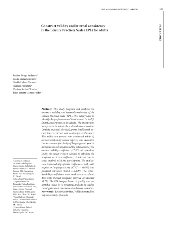 (PDF) Construct validity and internal consistency in the Leisure Practices Scale (EPL) for adults