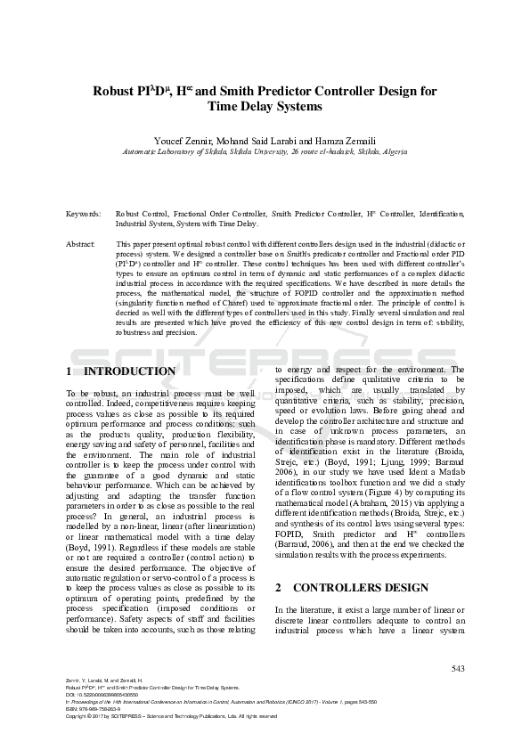 Pdf Robust Piλdμ H∞ And Smith Predictor Controller Design For Time Delay Systems