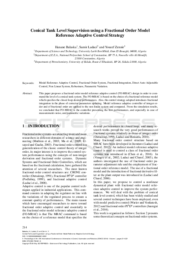 Pdf Conical Tank Level Supervision Using A Fractional Order Model Reference Adaptive Control