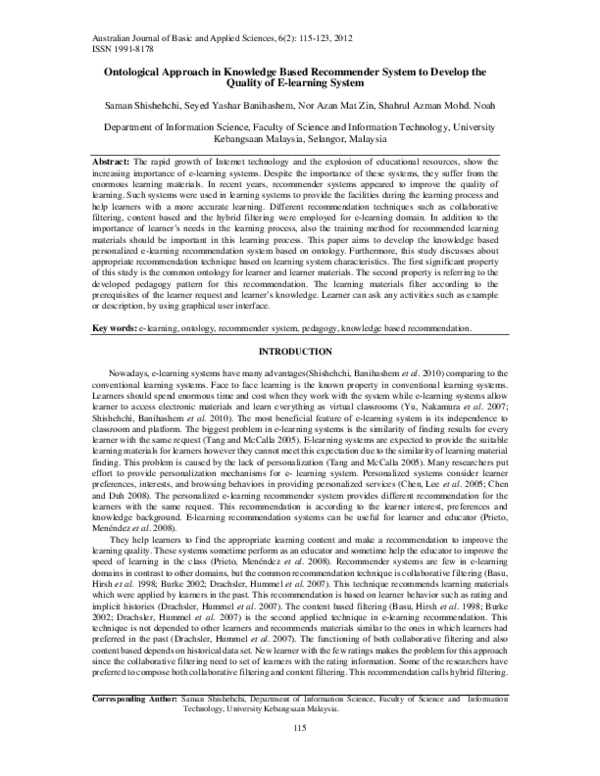 (PDF) Ontological Approach in Knowledge Based Recommender System to Develop the Quality of E ...