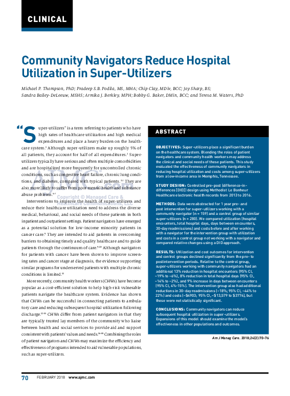 (PDF) Community navigators reduce hospital utilization in super-utilizers
