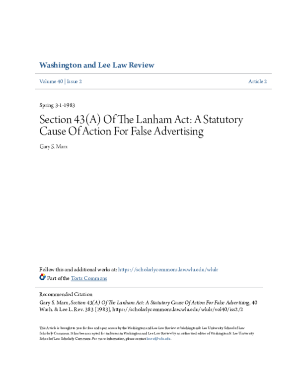 (PDF) Section 43(A) Of The Lanham Act: A StatutoryCause Of Action For ...